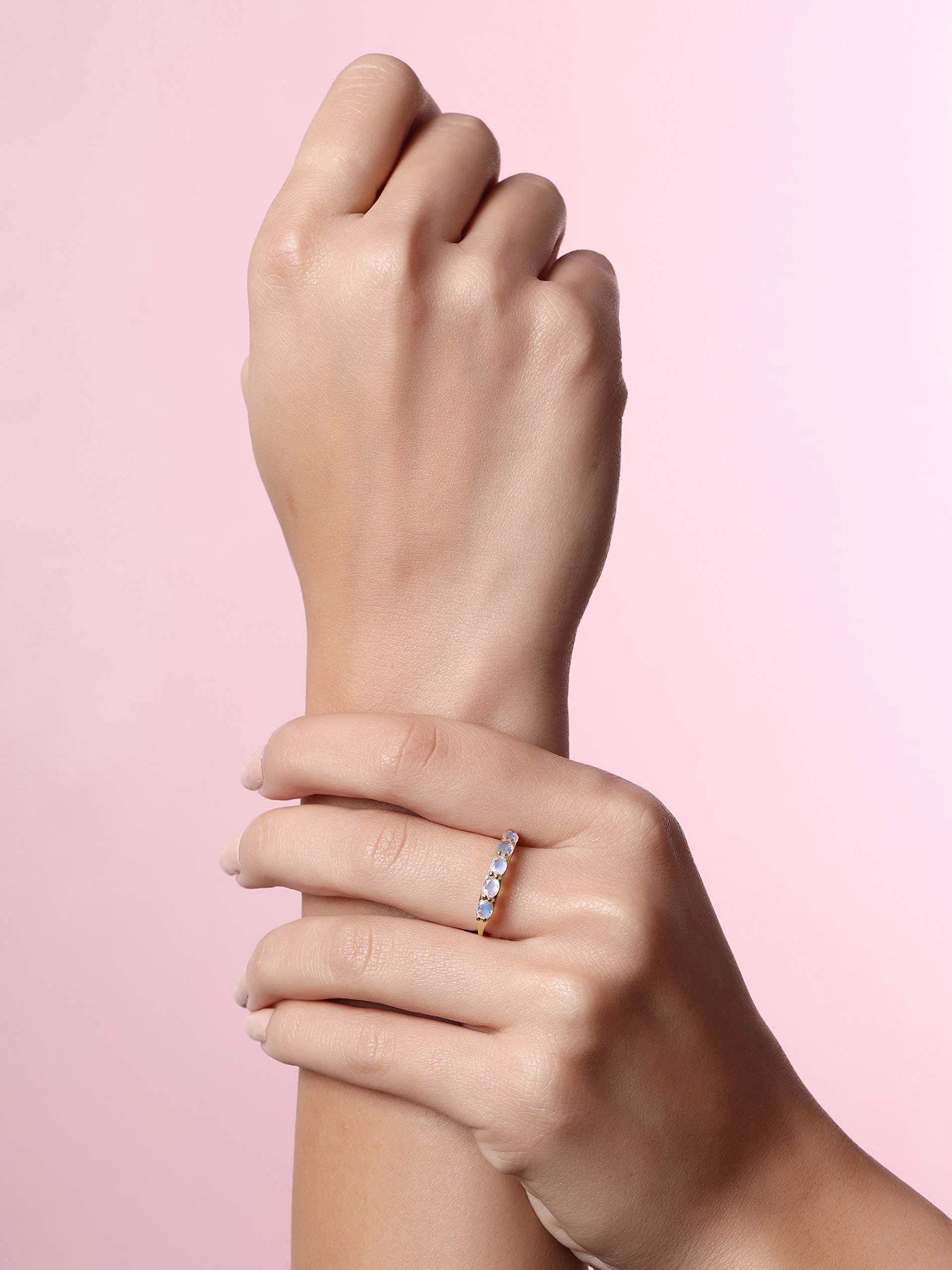 YoTreasure 10kt Yellow Gold 0.8 Ct Rainbow Moonstone Ring Eternity Band