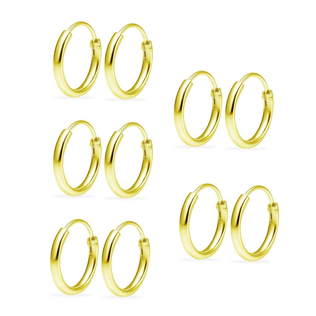 Sterling Silver 5 Pair Set 10mm Thin Round Unisex Endless Hoop Earrings for Women & Men (Yellow Gold)