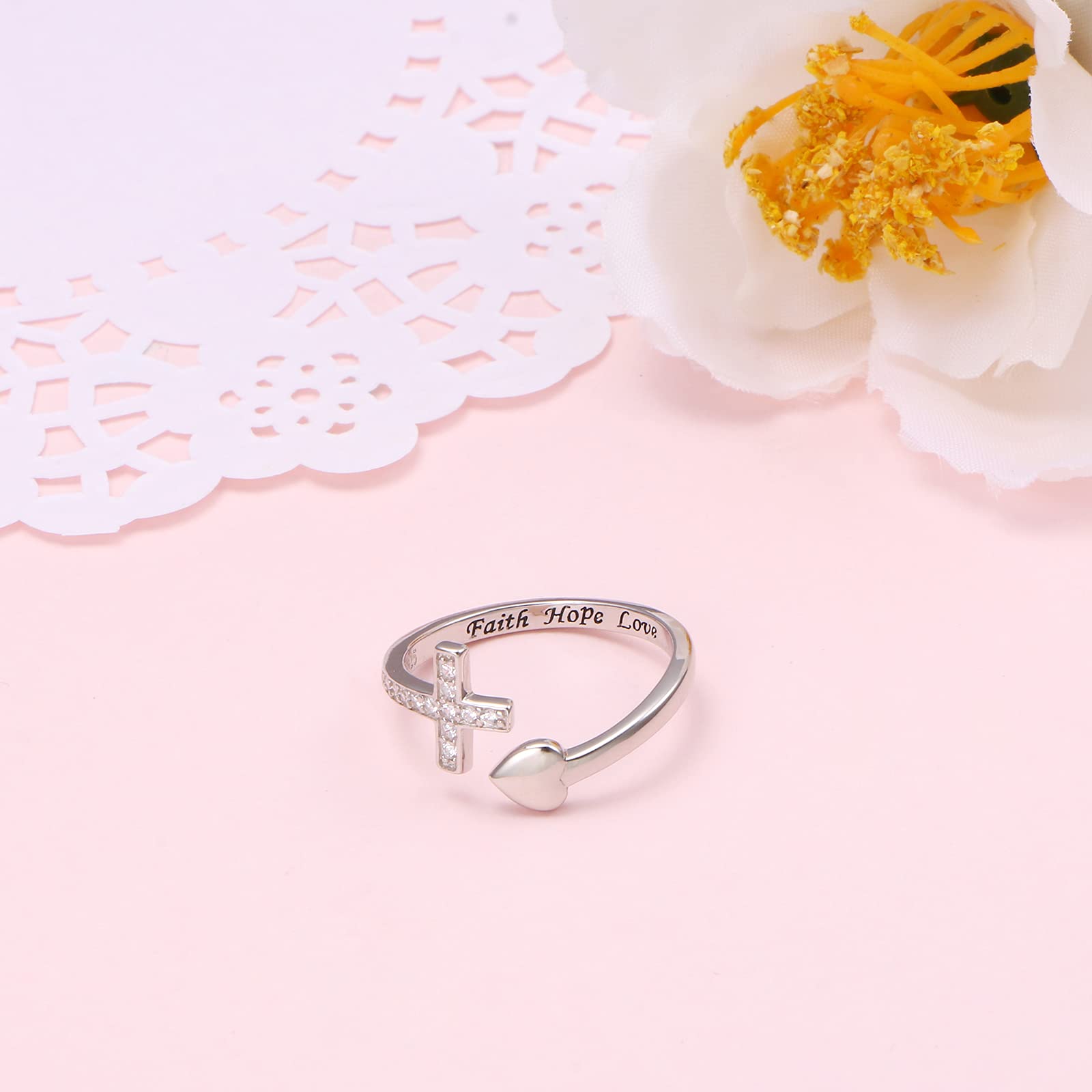 Yearace Cross Rings 925 Sterling Silver CZ Adjustable Faith Hope Love Cross Open Ring for Women Men Sideways Cross Christian Religious Stackable Ring- US Size 6
