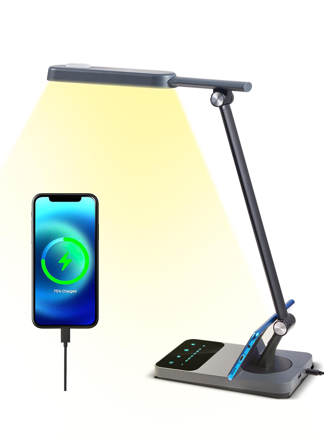 TRONTORE LED Desk Lamp with USB Charging Port,Dimmable Home Office Bright Reading Table Lamp,5 Color Modes 6 Brightness Level, Touch Control,Auto Timer,Memory Function,Eye Caring (Black an Grey)