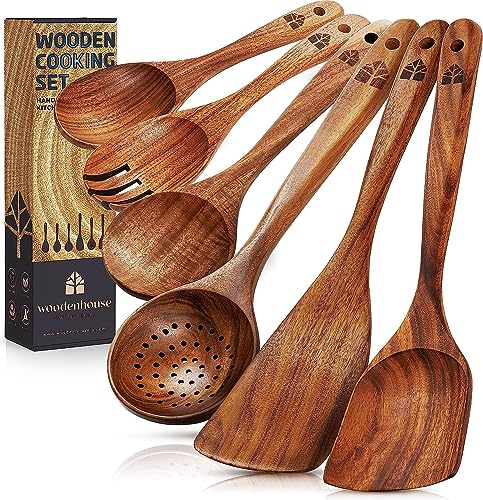 Wooden Spoons for Cooking – Wooden Kitchen Utensils Set, 6 Pcs Teak Wood Utensil Set – Comfortable Grip Non–Stick Wooden Cooking Utensils – Nonstick Natural and Healthy Kitchen Cookware