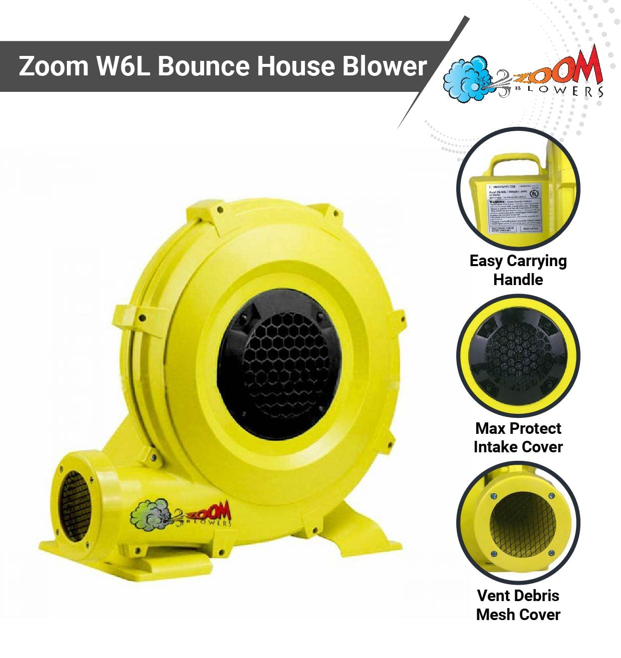 Zoom Blowers Portable Air Pump for Inflatables - Energy Efficient High Power 950-Watt, 1.25 HP Compact Residential Air Blower for Bounce Houses, Slide Combos, Water Slides and Obstacle Course for Kids