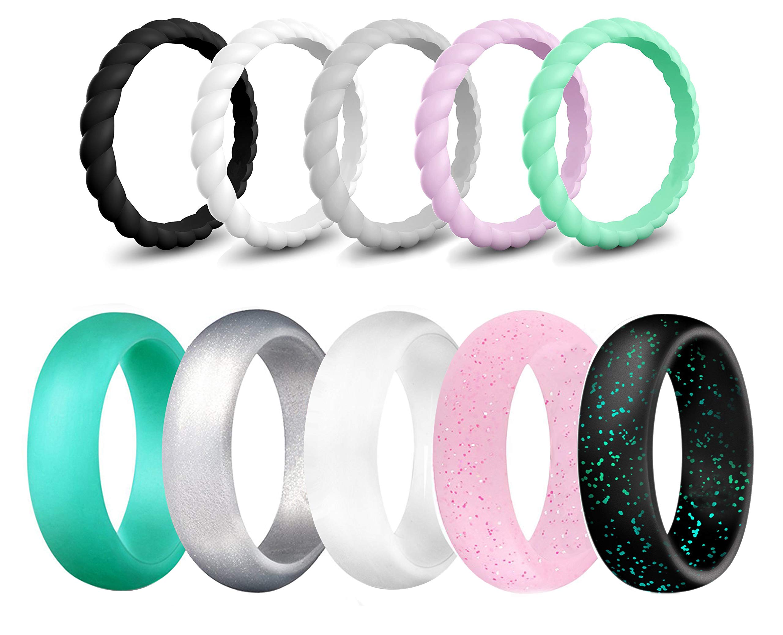 SkullParty Silicone Wedding Ring Bands for Women 10 Pack Size 8 Womens Thin Stackable & Flash Powder Rubber Wedding Band Rings 5.7mm & 3mm Wide - Pink Black Teal Metallic White Grey Mint Green