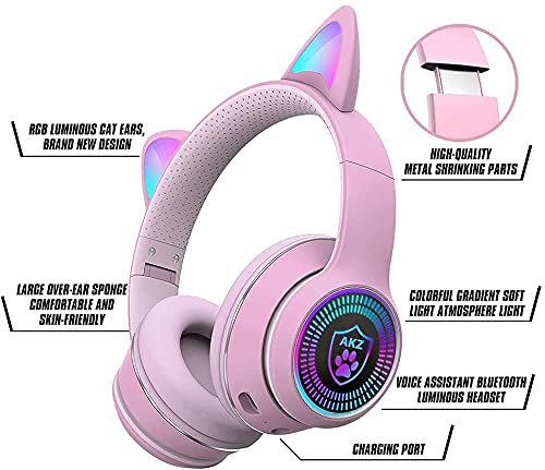 Zuri Sana Cat Ear Gaming Bluetooth 5.2 Wireless Foldable Headphones with LED Light, Over Ear Stereo Sound Music Headsets with Microphone AUX for PC TV Pad Cellphone Laptop Game Kids Adults Gift