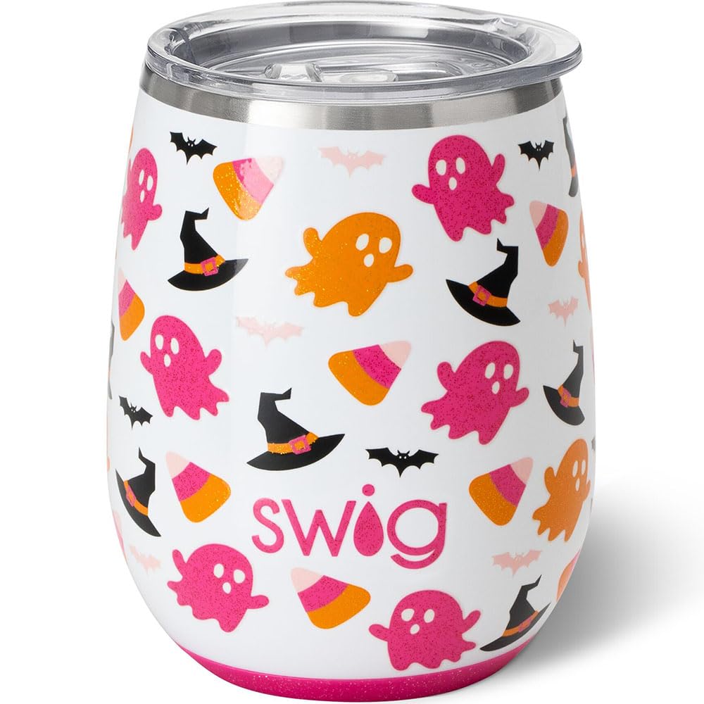 Swig Life 14oz Insulated Wine Tumbler with Lid | Discontinued Prints | Dishwasher Safe, Holds 2 Glasses, Stainless Steel Outdoor Wine Glass (Hey Boo)