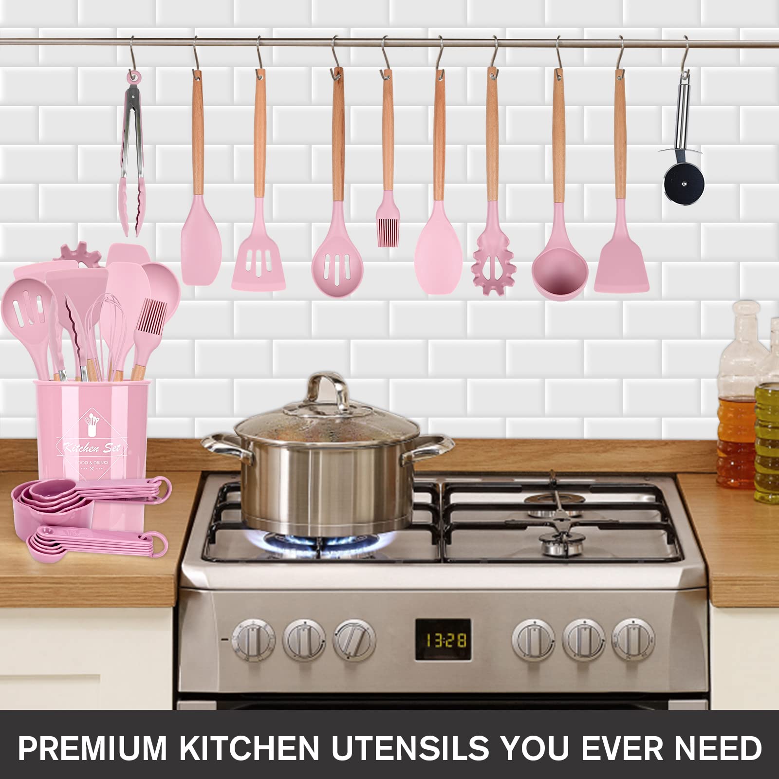 Silicone Cooking Utensils 35 Piece Set, ONATISMAGAIN Kitchen Utensil Set Heat Resistant Non-Stick Cookware with Wooden Handle Suitable for Household Necessities Spatula Spoon Set (Black)