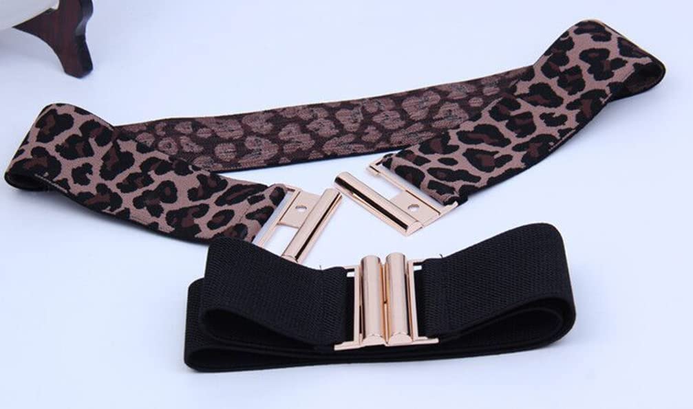 Women's Ladies Elastic Vintage Leopard Print Obi Belts Stretchy Retro PU Leather Waist Cinch Belt (Leopard Gold, Below 39")