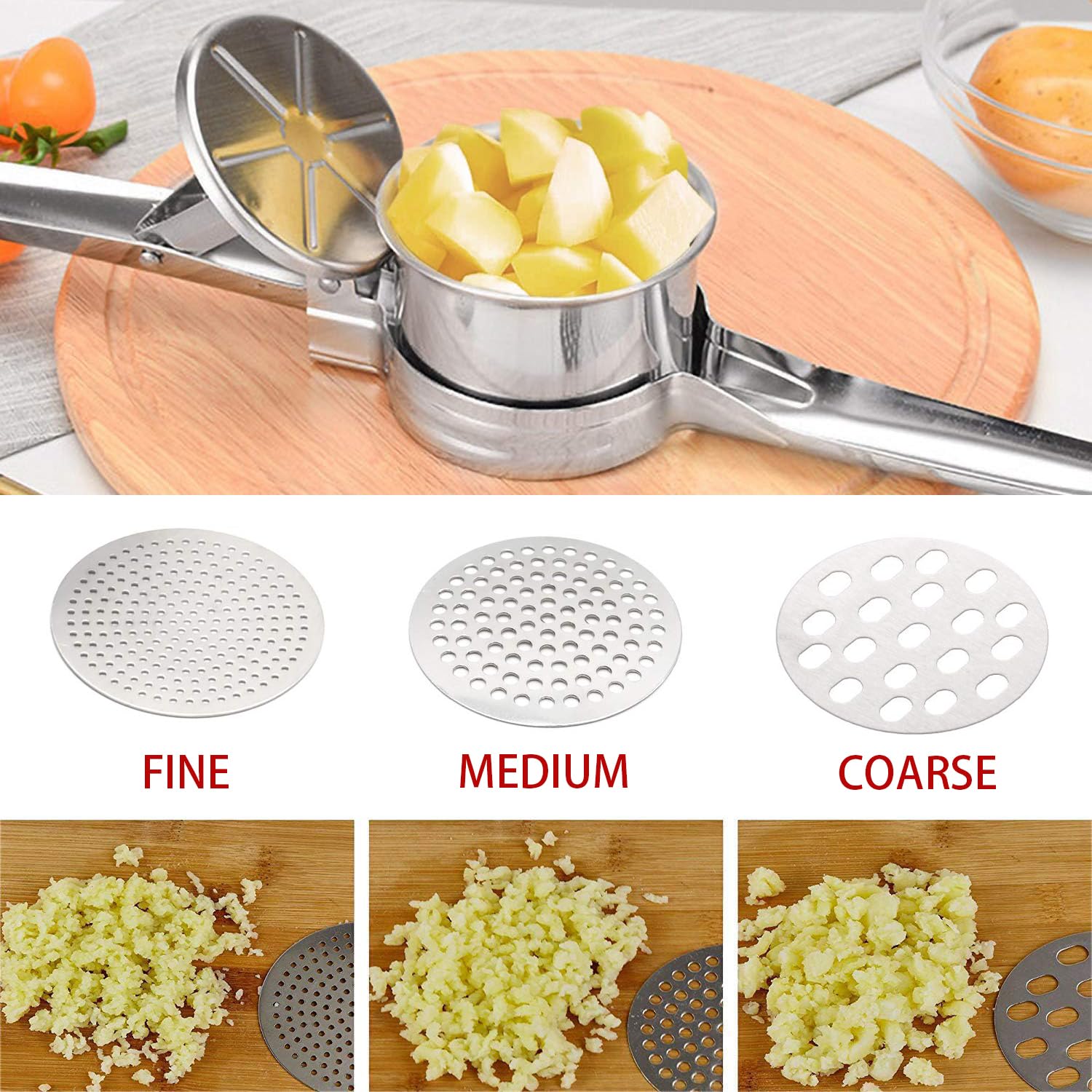 Potato Ricer Stainless Steel Potato Masher, Food Ricer, Fruit and Vegetables Press with 3 Removable and Interchangeable Discs, Manual Masher Ricer Kitchen Tool