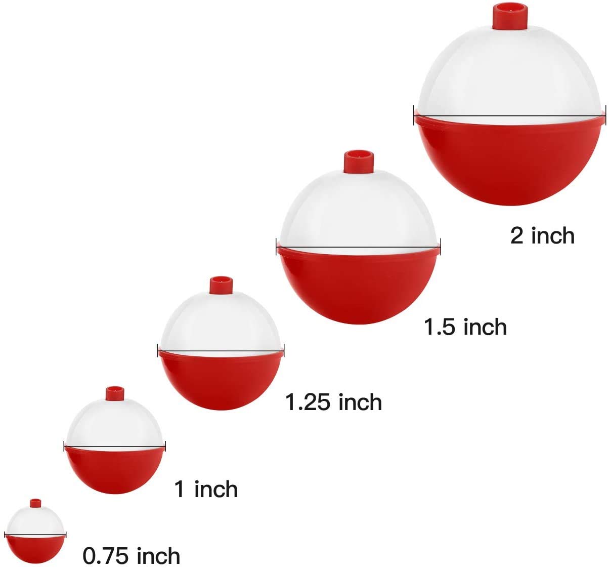 ZONGR Various Sizes Fishing Bobbers Set 5 Float Fishing Float Push Button Snap-on Floats Red and White Bobber Fishing Tackle,1/1.25/1.5/1.75/2 Inches ABS