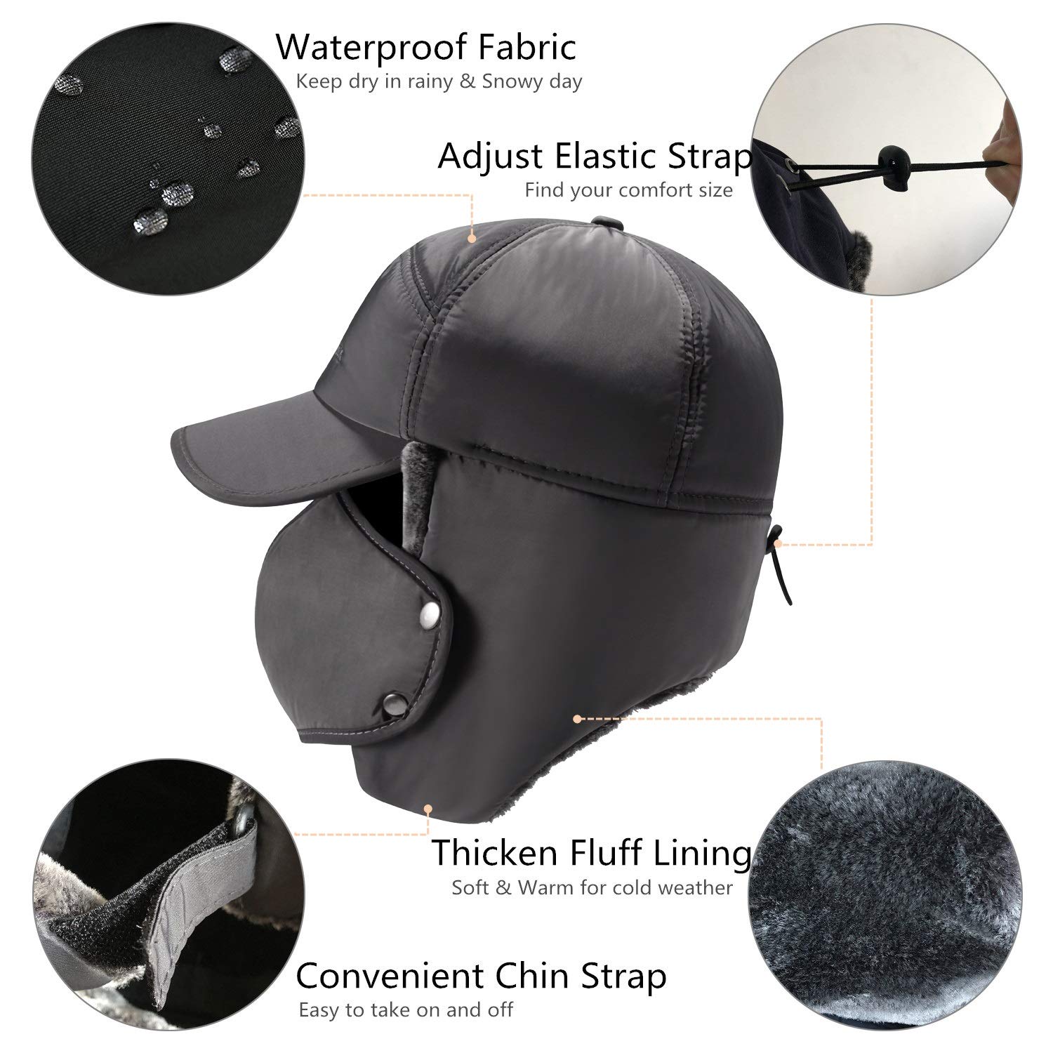 Trooper Trapper Hat Men Women Warm Winter Hats with Ear Flap Faux Fur Hunting Aviator Hat Black