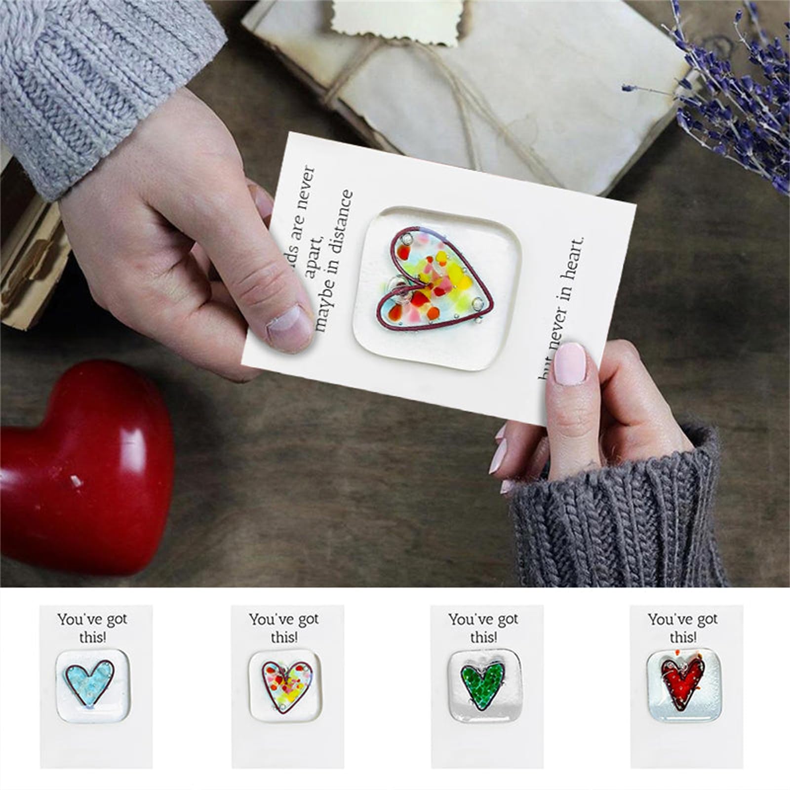 VAcsax Fused Resin Heart Pocket Token,Pocket Heart Token with Greeting Card,Cute Decorative Greeting Card (Colorful,You've Got This)
