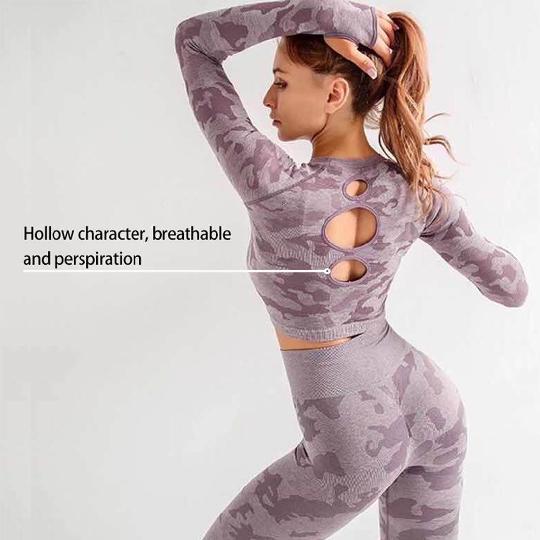 Yoga Workout Set High Waist Athletic Seamless Leggings Long Sleeve 2 Pieces Set (Camouflage Blue, S)