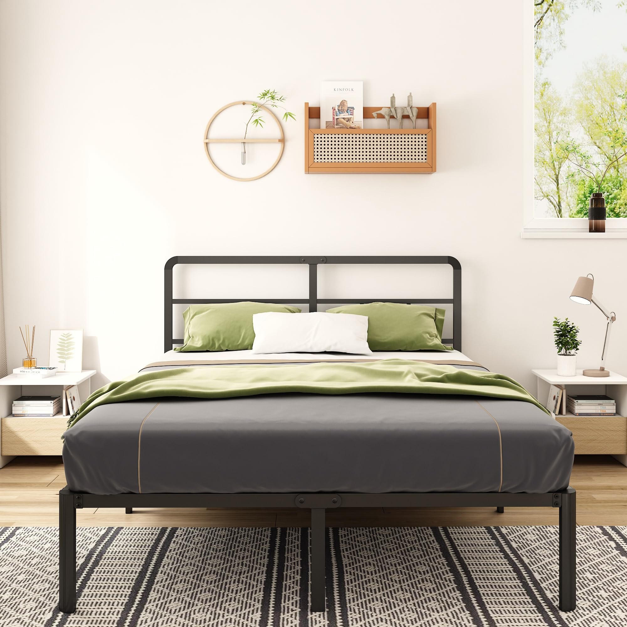 Riwanca 14 Inch Full Size Bed Frame with Headboard, No Box Spring Needed, Heavy Duty Black Metal Platform Mattress Foundation with Rounded Corners, Non-Slip Noise Free, Under Bed Storage Space