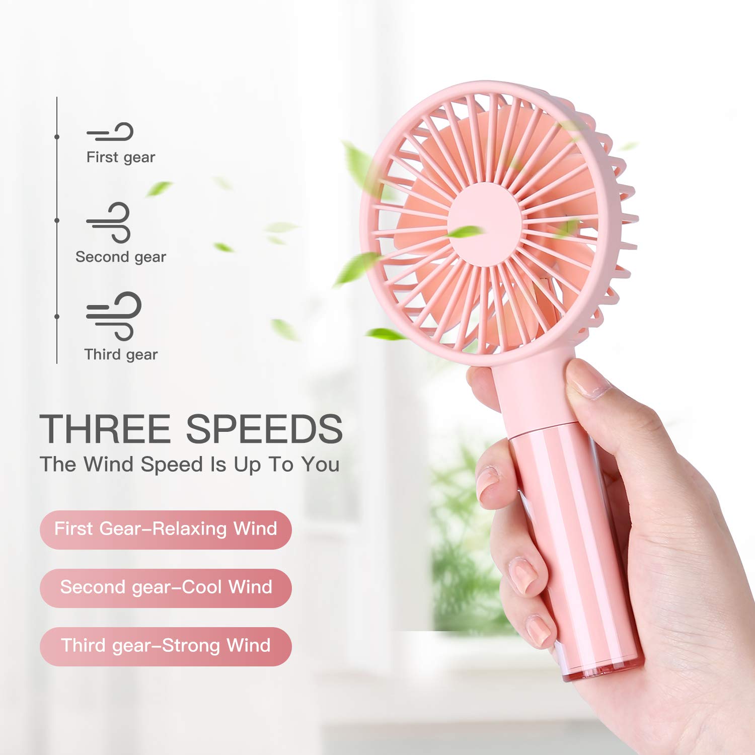 SmartDevil Handheld Fan, Mini Personal Fan with 1200mAh Rechargeable Battery, 3 Speeds Adjustable, Portable Desk Fan with Base, Colorful Handheld Fan For Home, Travel, Office, Camping, Pink