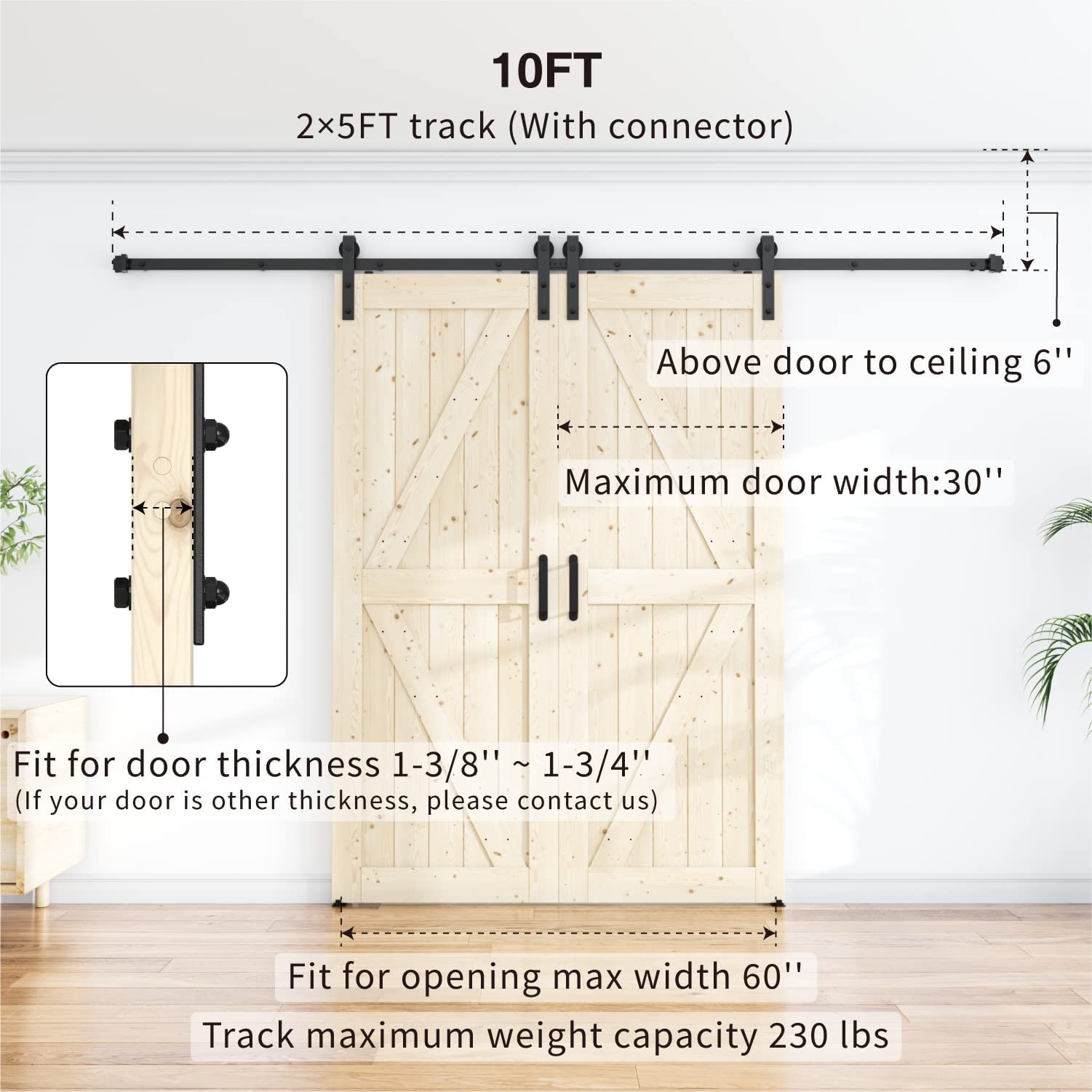WINSOON 10FT Sliding Barn Wood Door Hardware Cabinet Closet Kit with Black Sliding Barn Door Floor Guide Wall Mounted Hardware, Set of 2, 8 Setup Options