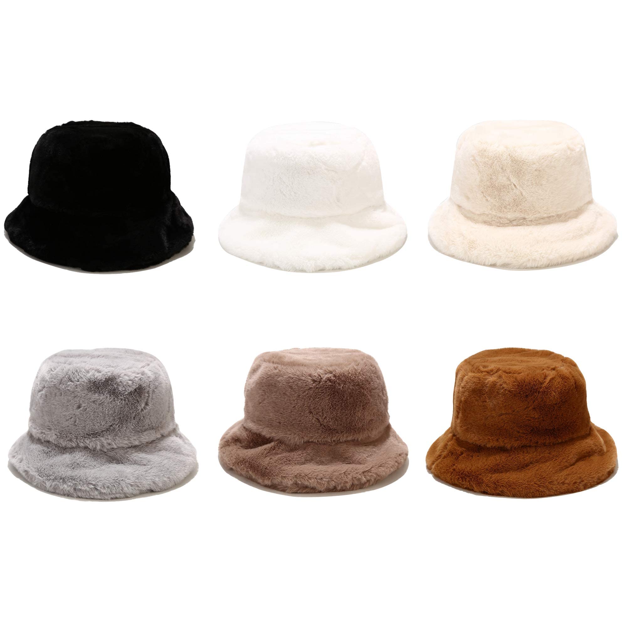 Umeepar Winter Faux Fur Bucket Hat Fluffy Warm Hat for Women Men (Black)