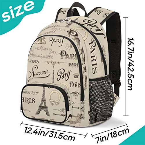 Vintage Paris Eiffel Tower School Backpack, College School Bags Lightweight Laptop Backpack Bookbag Casual Daypack Rucksack Elementary Preschool Backpack