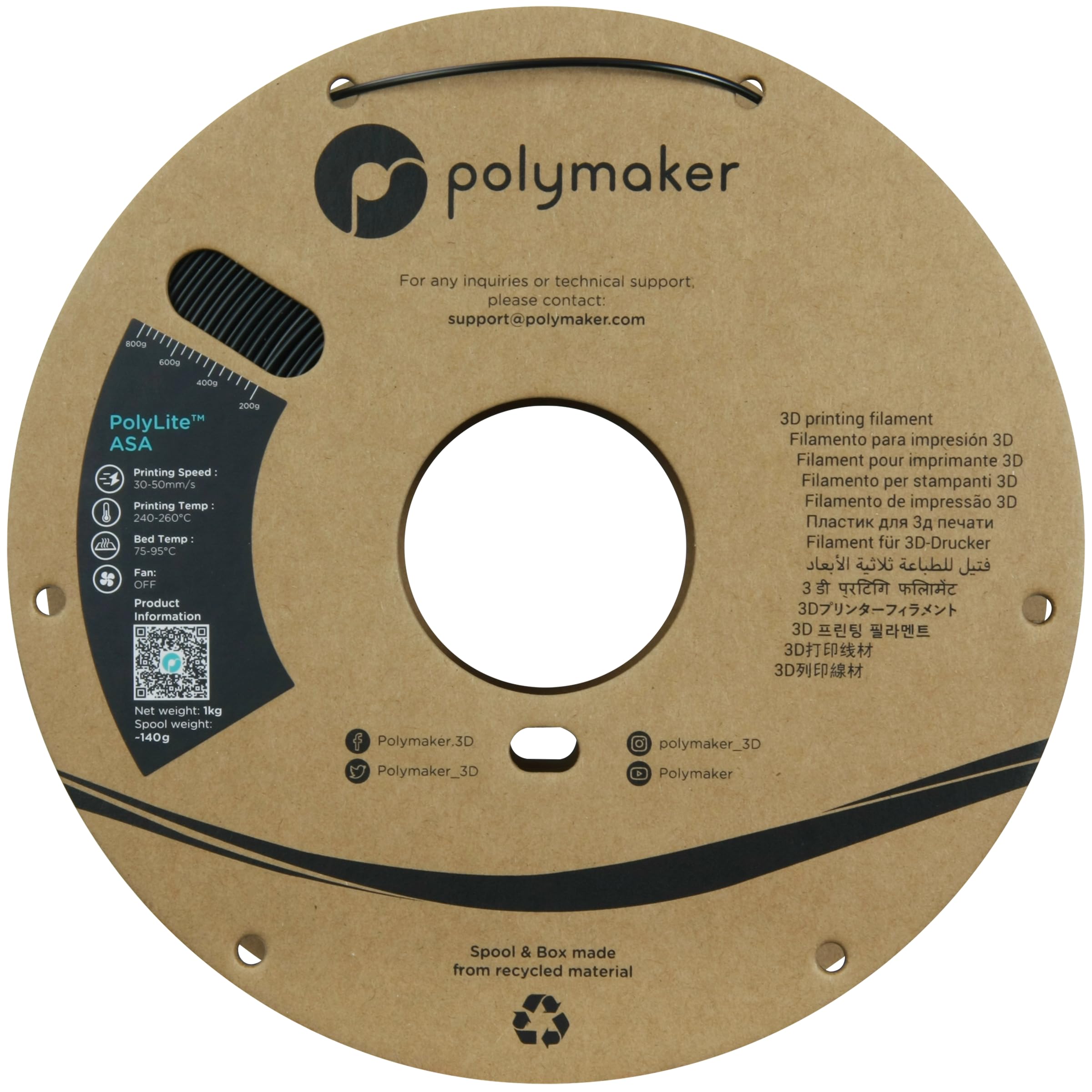 Polymaker ASA Filament 1.75mm Jet Black ASA, 1kg Heat Resistant Weather Resistant ASA 1.75 Cardboard Spool - PolyLite ASA 3D Printer Filament Jet Black, Perfect for Printing Outdoor Functional Parts