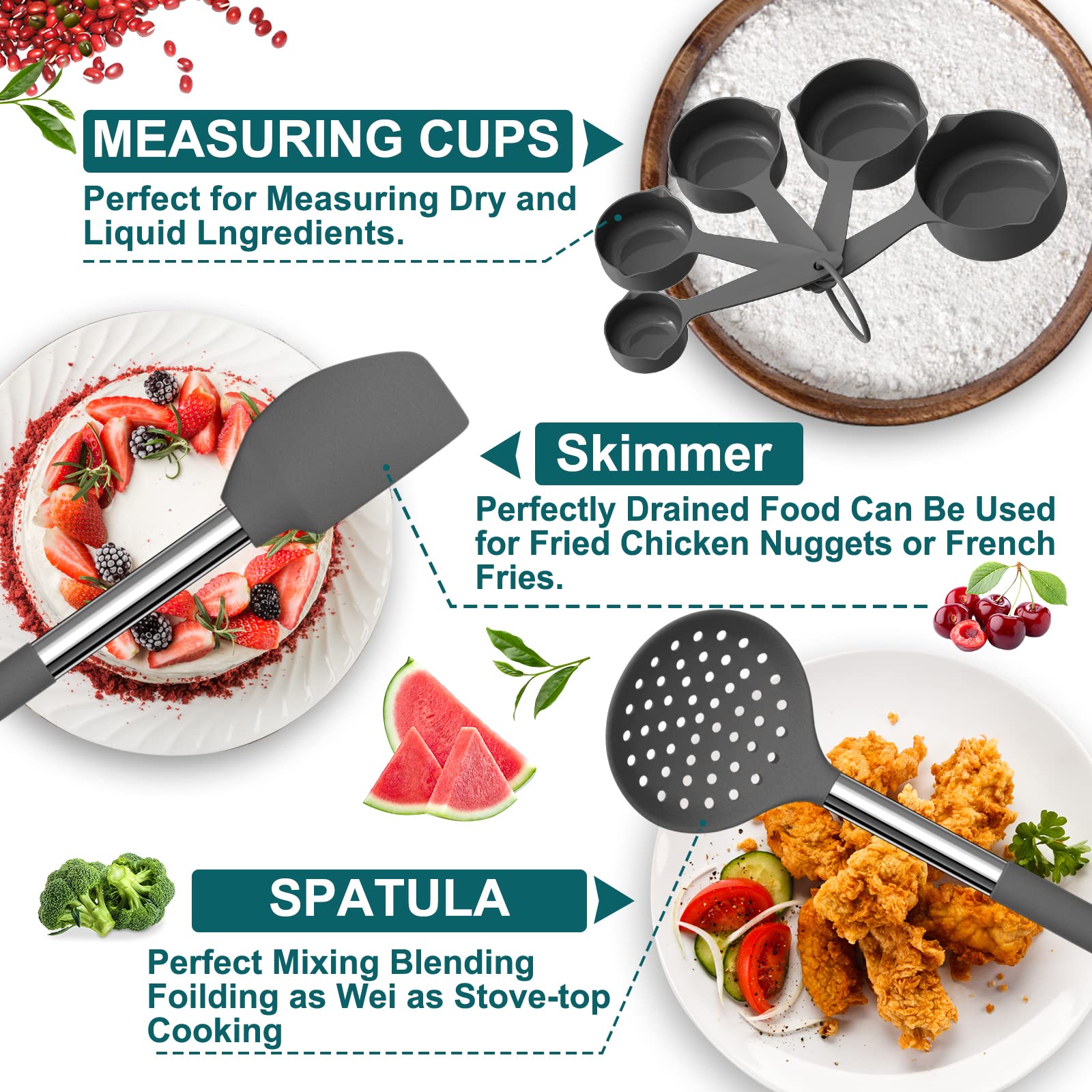 Silicone Kitchen Utensils Set Utensilios de Cocina Cucharas de Silicona Para Cocina 33Pcs Silicone Cooking Utensils Set for Nonstick Cookware Dishwasher Safe (Grey)