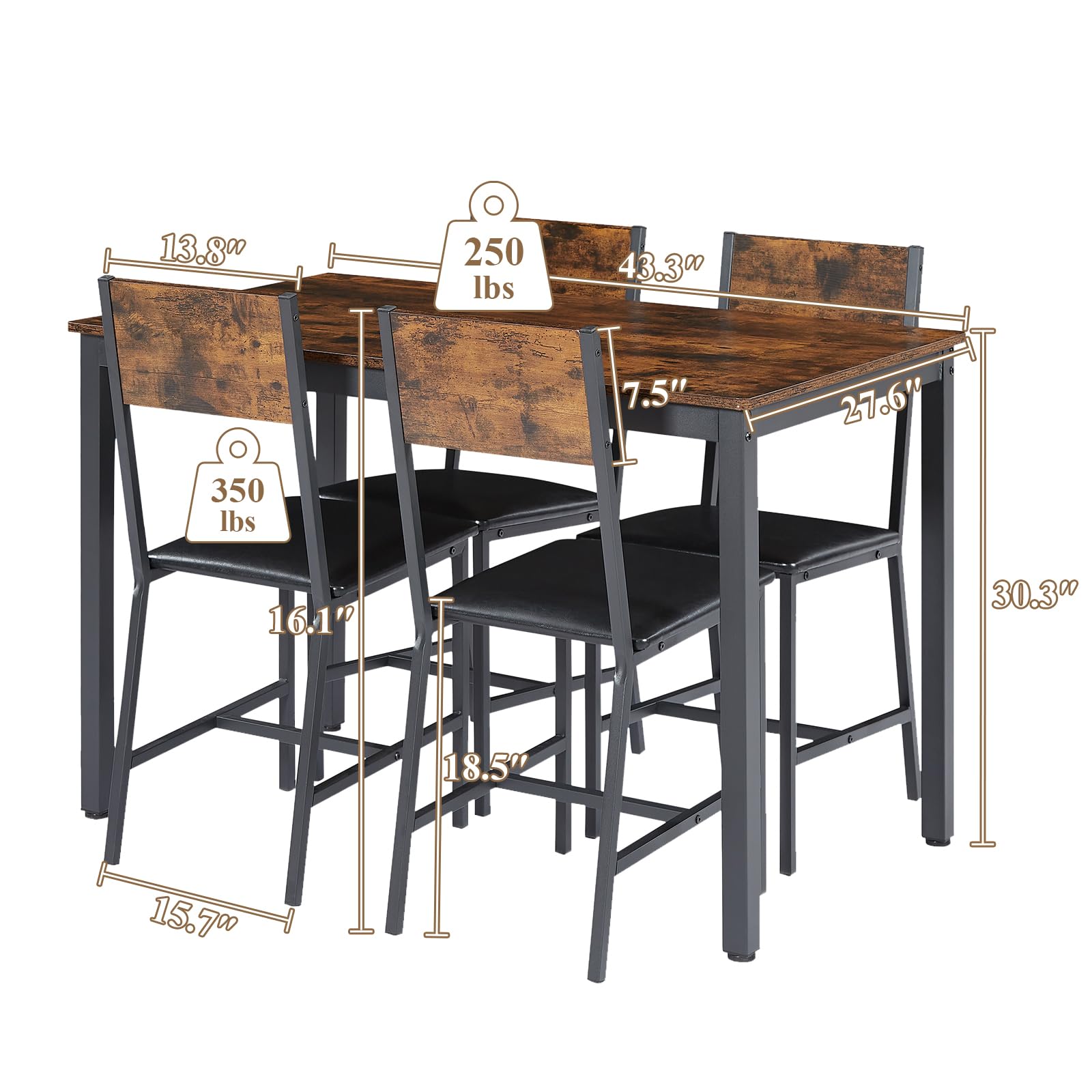Rovibek 4 Chairs Dining Table Set for 4-8, Modern Space Saving Kitchen Desk, Wooden Industrial Style Farmhouse, 47", Leather Black Brown