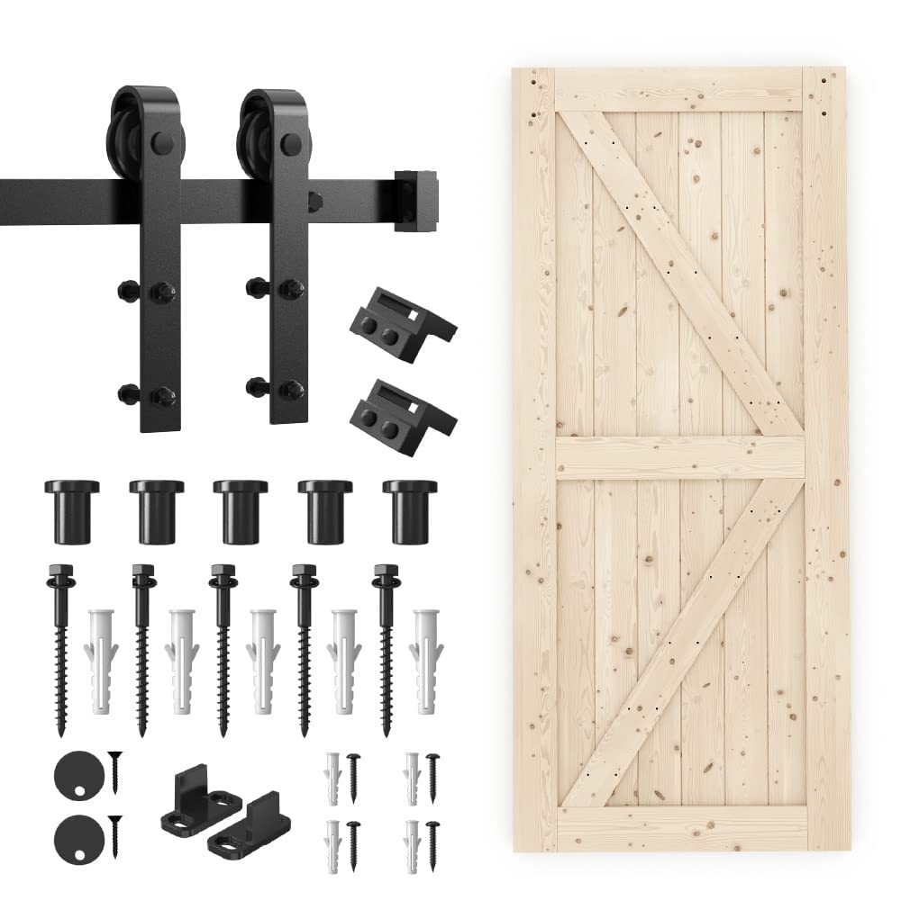 WINSOON 6FT Antique Single Sliding Barn Door Hardware Roller Track Kit Black with 36 x 84 inch Sliding Barn Door