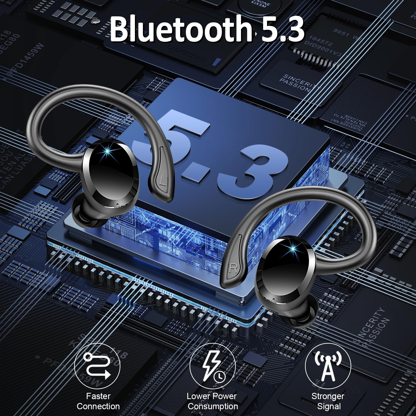 Rulefiss Wireless Earbuds Bluetooth Headphones Sport, Bluetooth 5.3 Earbud 3D HiFi Stereo, 48Hrs Earhooks Earphone with Noise Cancelling Mic, IP7 Waterproof Headset for Workout/Running/Gym