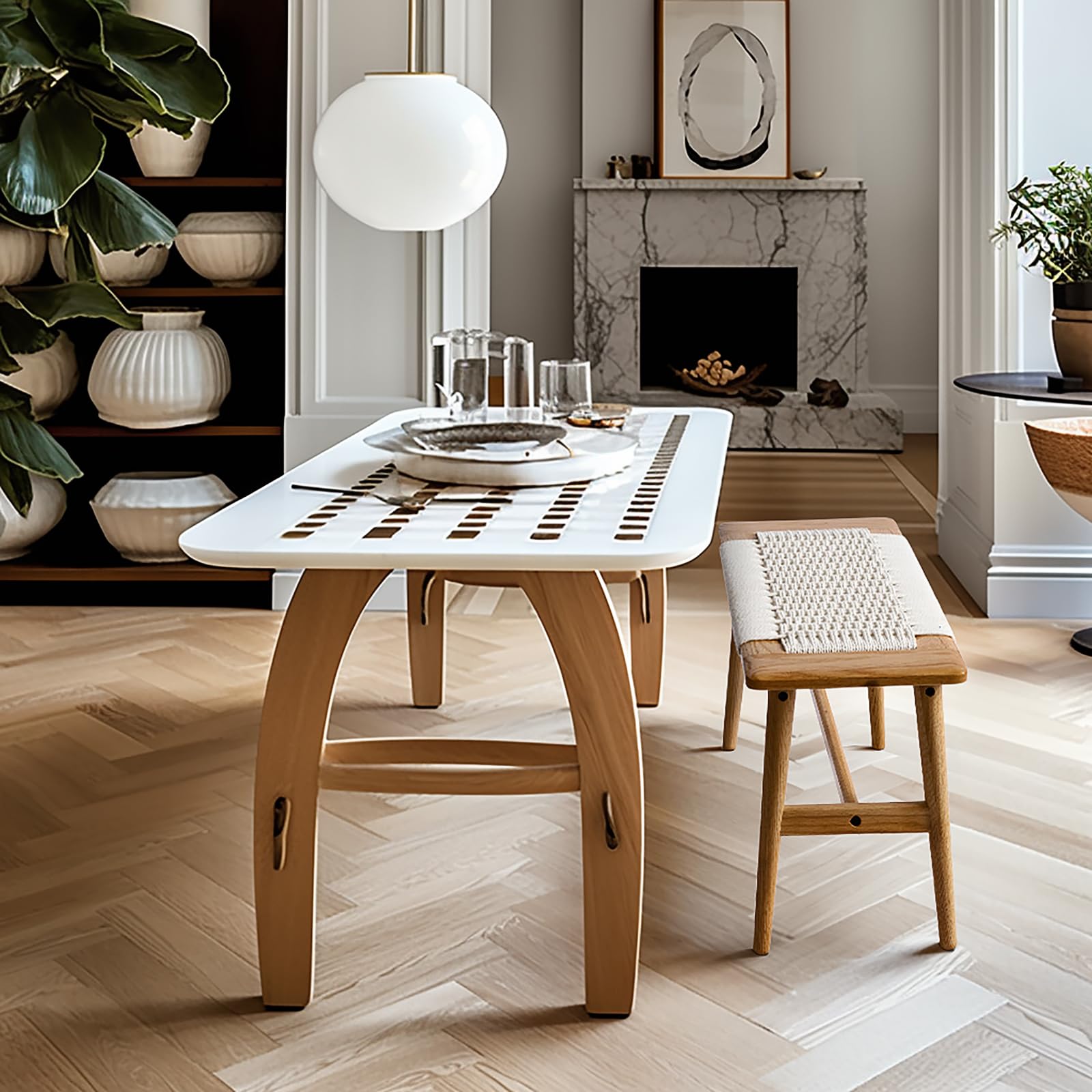 Vadisun 100% Solid Oak Wood Bench,Hand Woven Chair Surface Design,Solid Structure of Chair Legs,Bedroom Bench/Entryway Bench/Dining Bench (Off-White,31.49β*11.81β*15.98β)