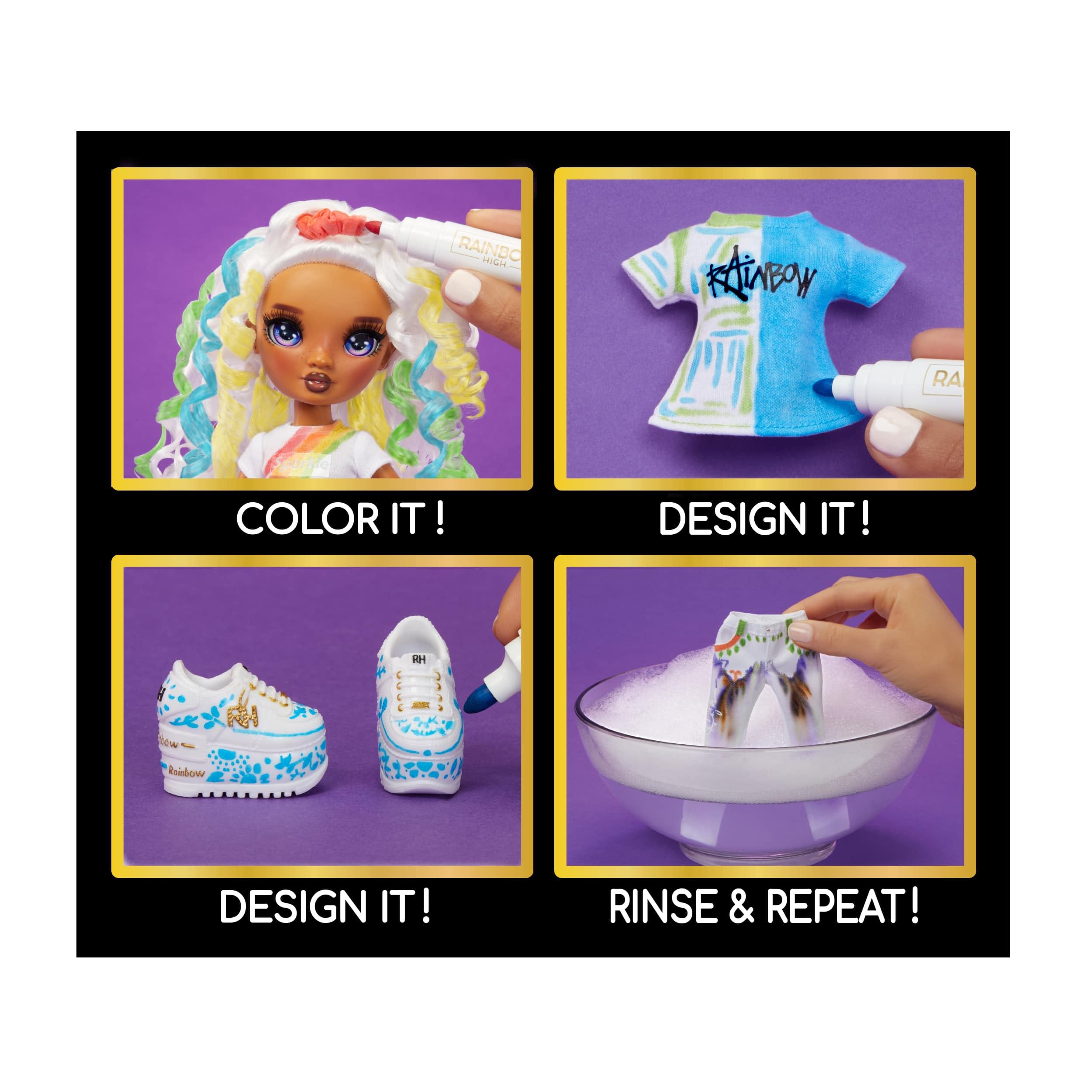 Rainbow High Color & Create Fashion DIY Doll with Washable Rainbow Markers, Purple Eyes, Curly Hair, Bonus Top & Shoes. Color, Create, Play, Rinse and Repeat. Creative 4-12+