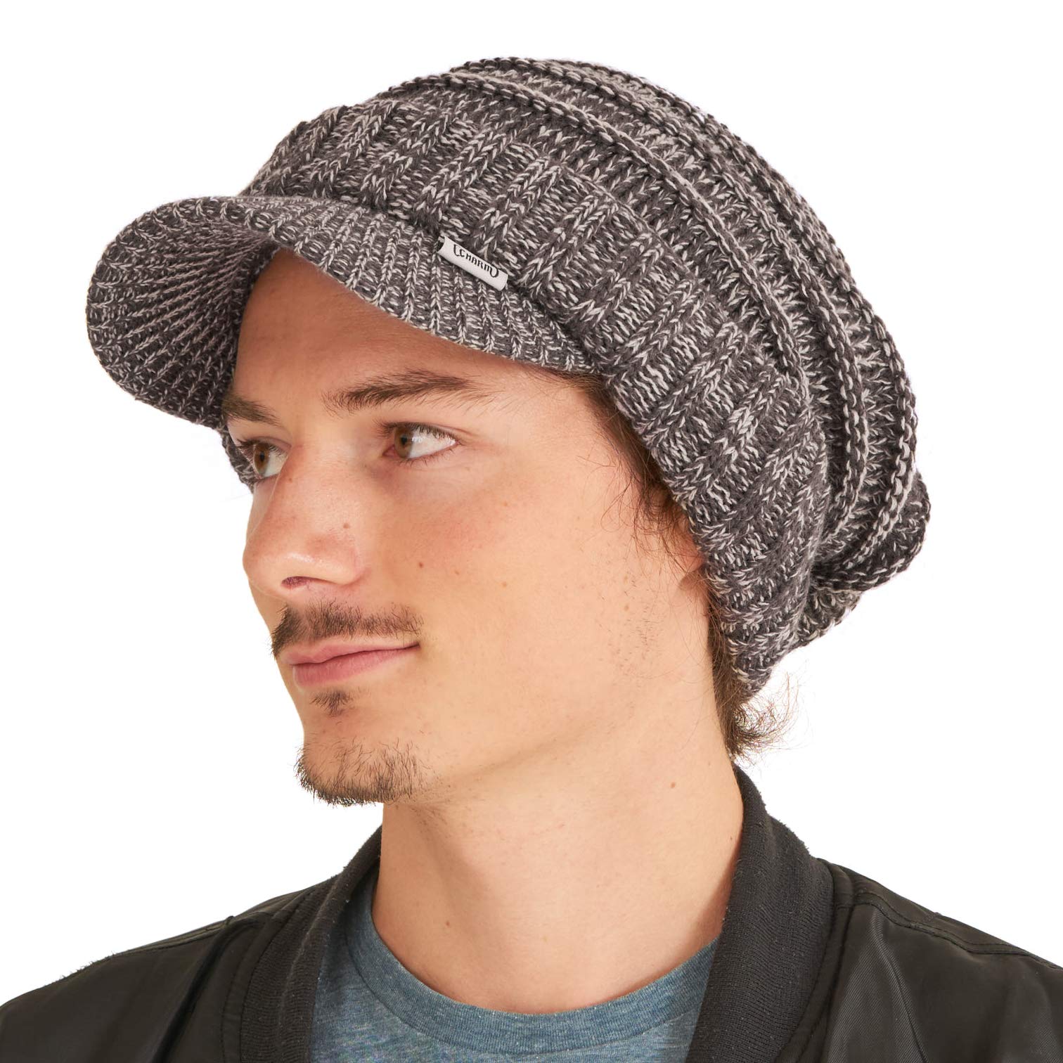 Slouchy Beanie Brim Hat - Mens Slouch Cap Womens Warm Slouchy Brim Cable Knit with Brimmed Visor Black