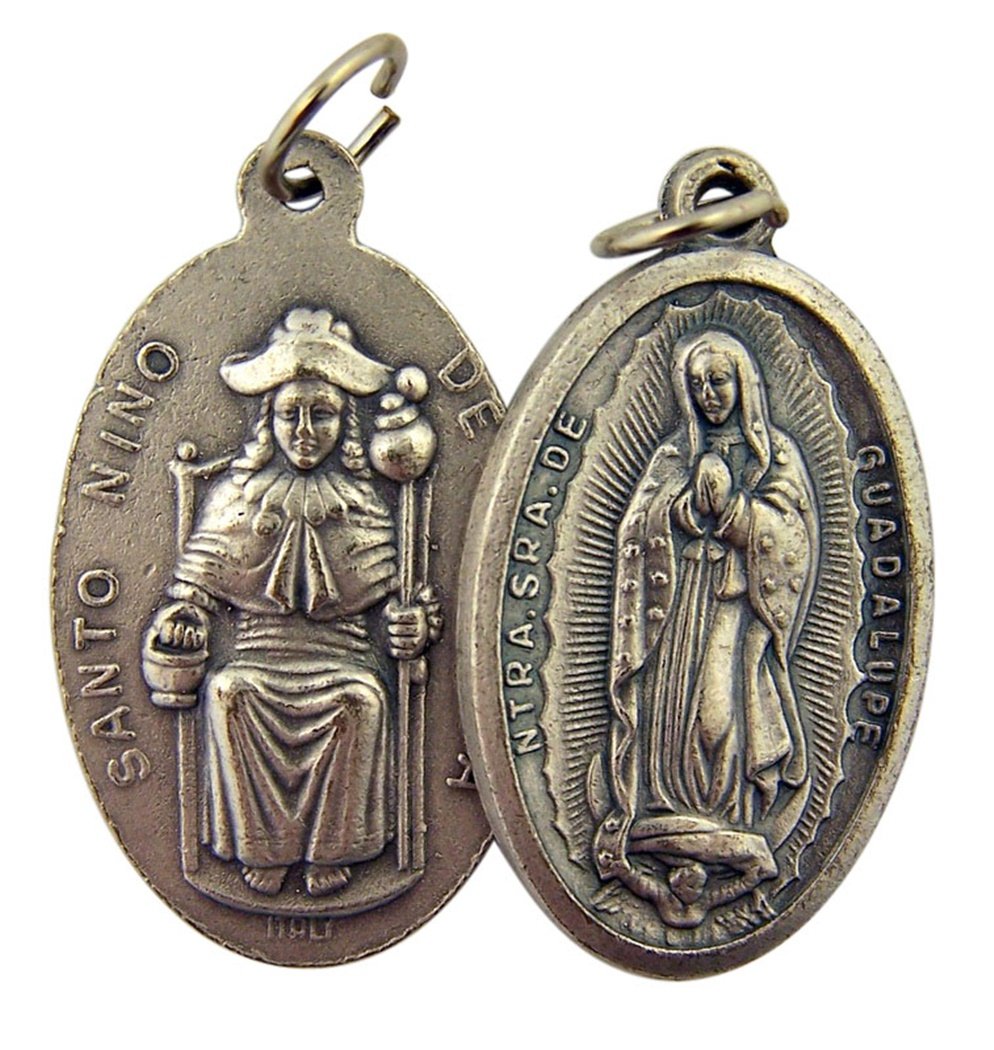 Religious Gifts Silver Toned Base Our Lady of Guadalupe Santo Nino de Atocha Two Sided Medal Pendant, 1 3/8 Inch