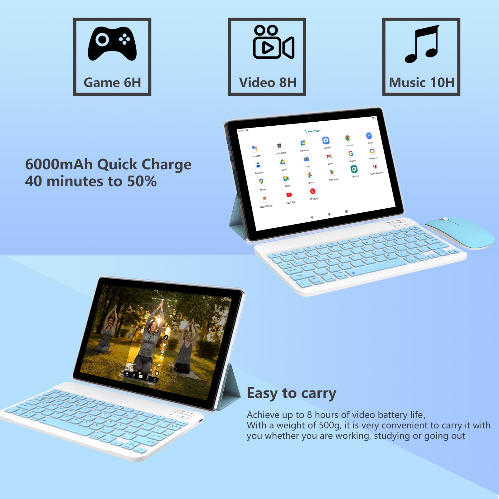 RUQIAI 10 inch Tablet, Android 11 Tablets, Quad-Core, 4GB+64GB ROM 512GB Expand, 6000 mAh Battery, HD IPS Touch Screen, Dual Camera, WiFi, GMS Certified(with Leather case)