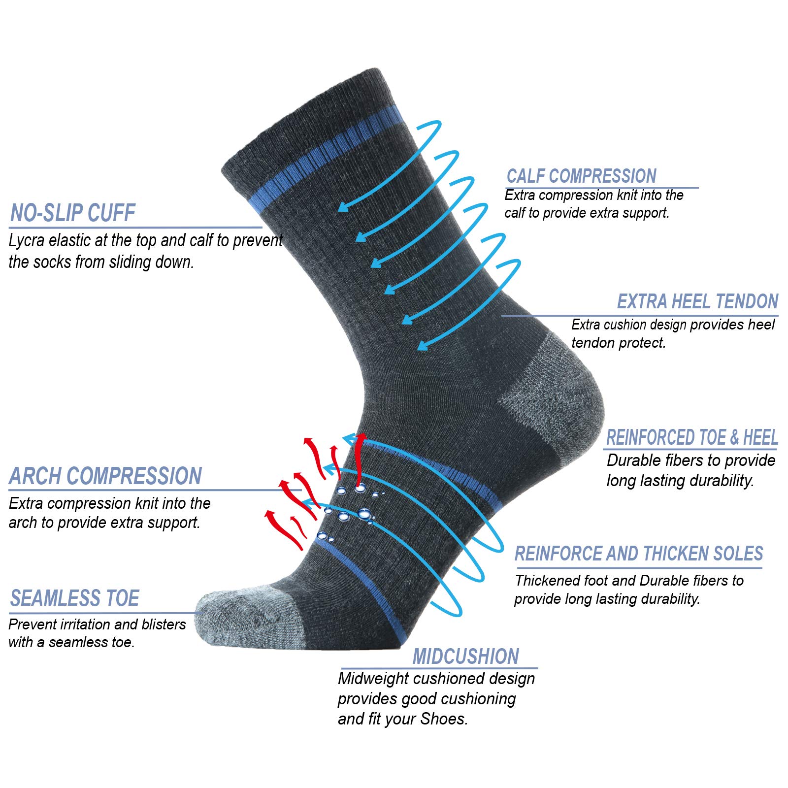 SOLAX 72% Men's Merino Wool Hiking Socks, Outdoor Trail,Trekking, Cushioned, Breathable Crew Socks 3 Pack (L,Asst150)