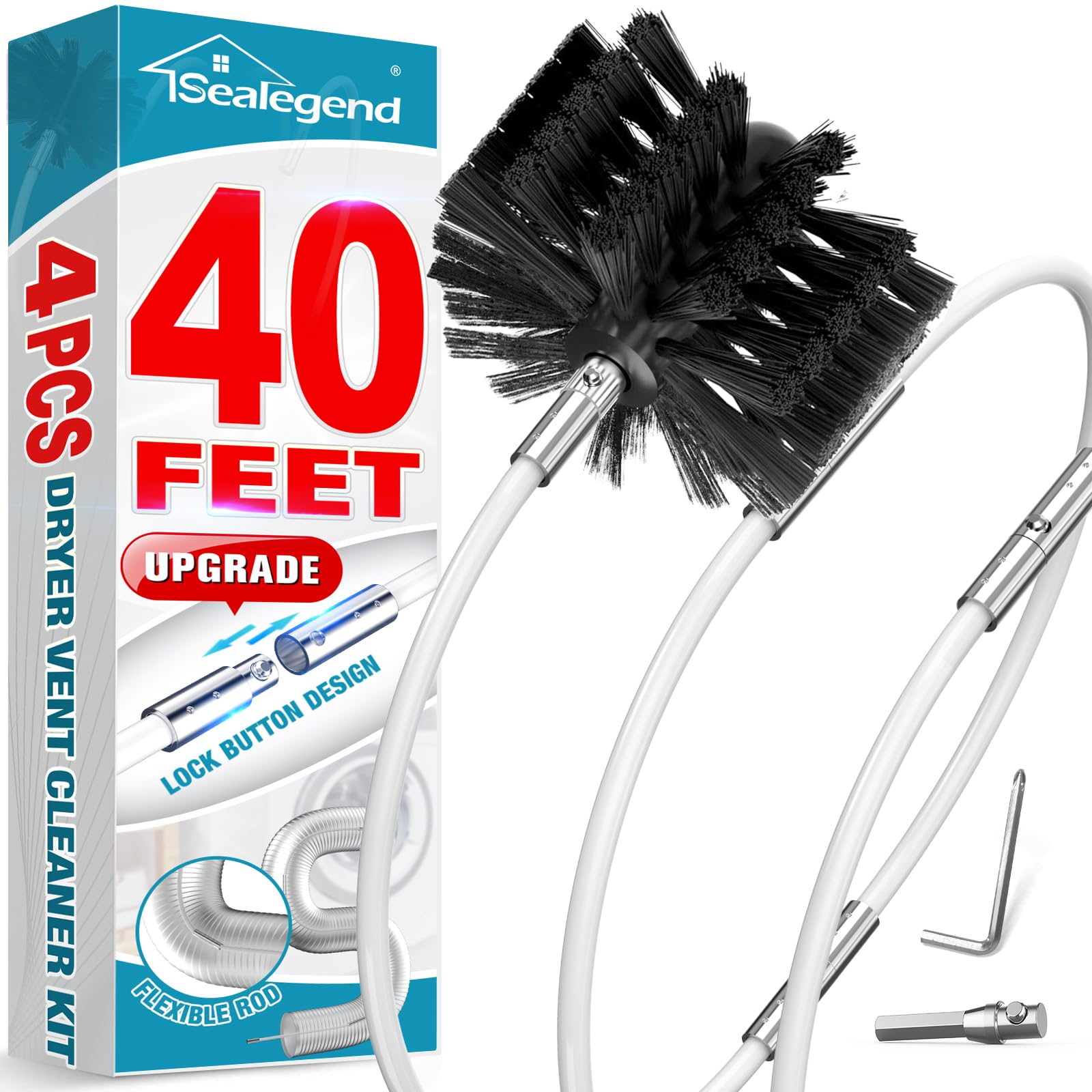 Sealegend White 40 FEET Dryer Vent Cleaner Kit with Drill Attachment, Synthetic Bristle, Flexible Rods, Includes Brush Head, Nylon Material, Storage Bag