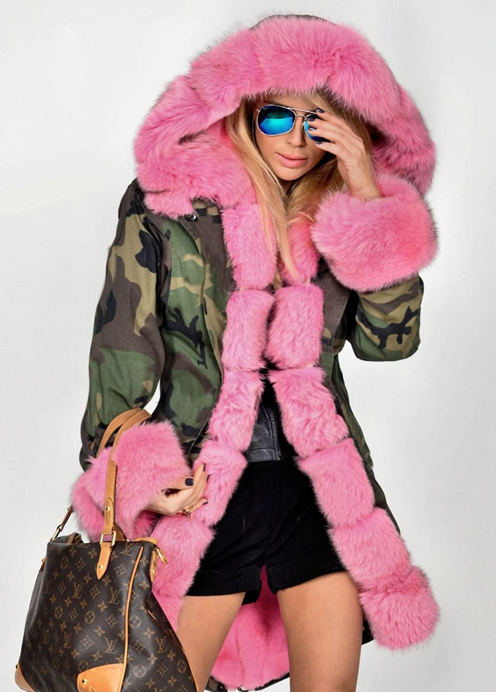 Roiii Womens Hooded Camouflage Warm Winter Coats Faux Fur Jacket Parka Overcoat(Medium,Pink)