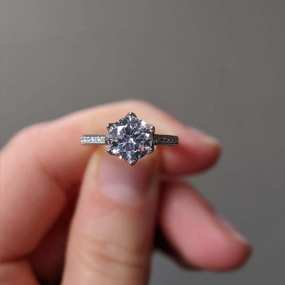 TwoBirch 18k White Gold Plated Sterling Silver Round Tulip Setting Cubic Zirconia Engagement Ring with Accent Side Stones (Size 8)