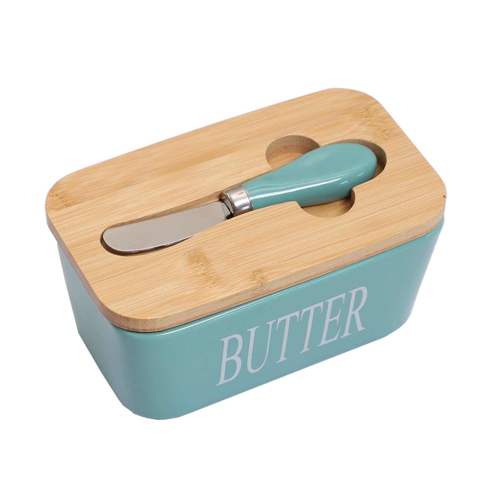 YCOCO Large Butter Dish with Lid,Ceramic Butter Container With Airtight Cover,Butter Keeper Double Silicone Seals with Knife for kitchen,Holds 2 Standard Stick,Green
