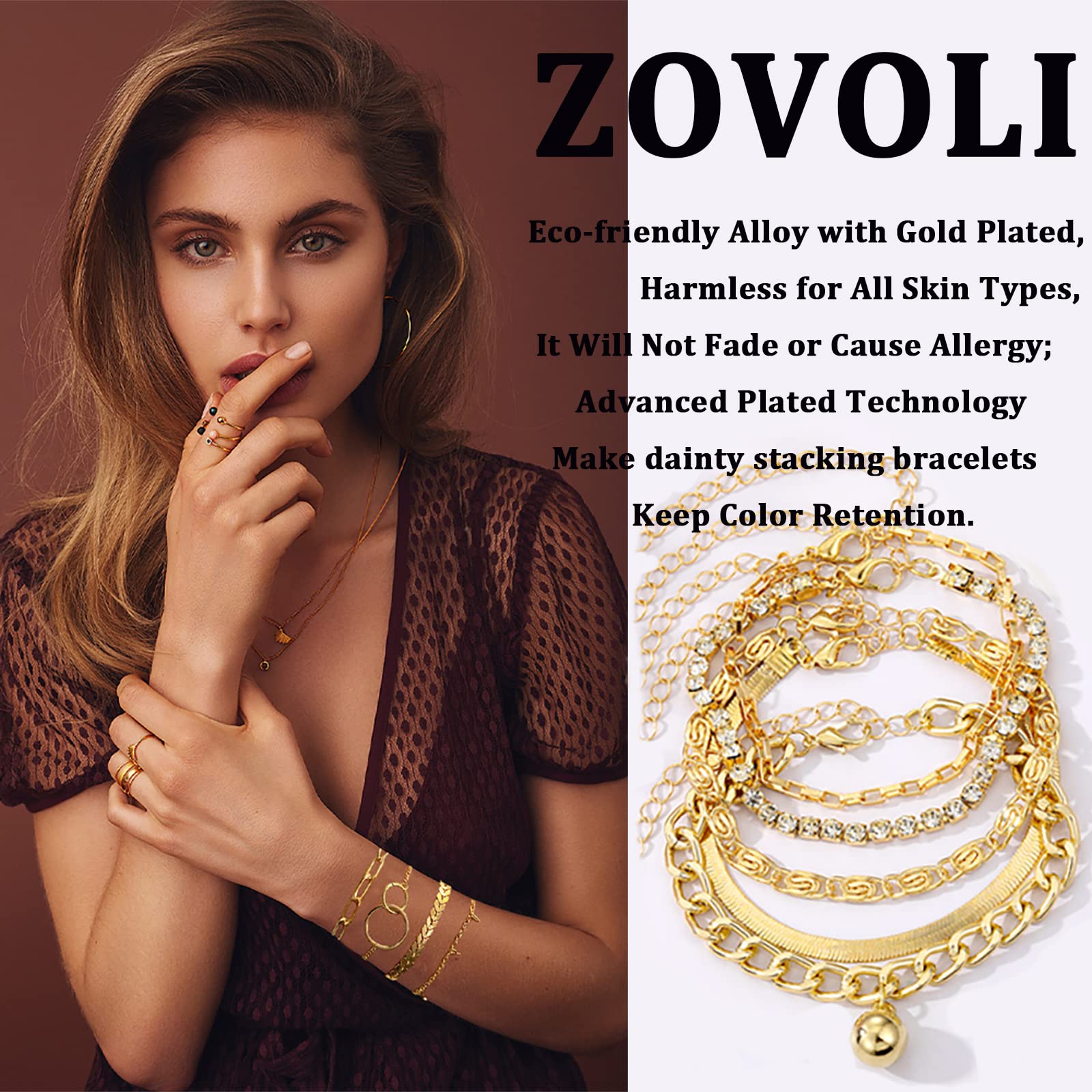 ZOVOLI 16-24PCS Dainty Gold Plated Chain Bracelets for Women Chunky Layered Stackable Snakebone Chain Boho Punk Adjustable Cuban Link Trendy Pearl Heart Bear Charm Paperclip Chain (16pcs)