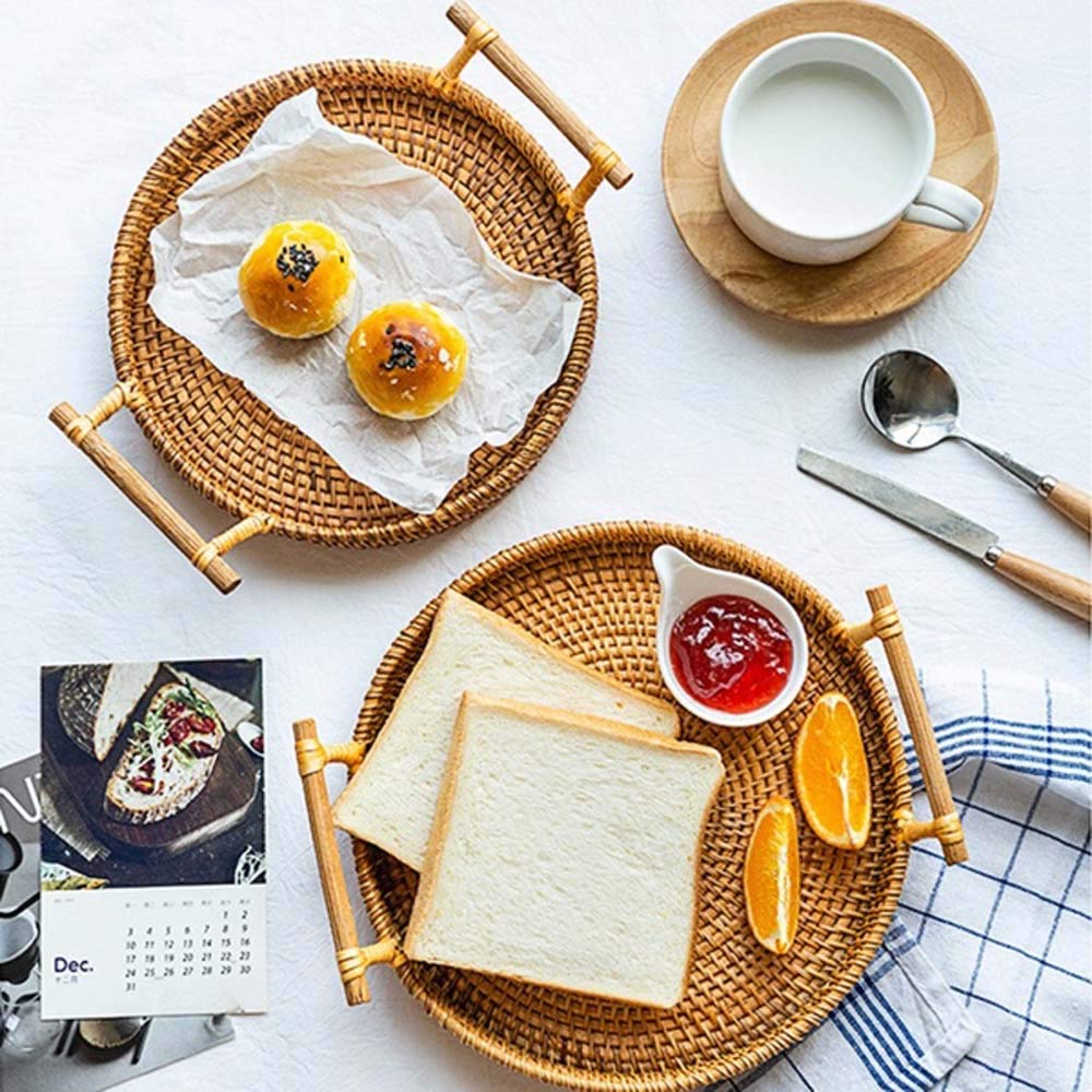 WOSHI 11.02in Rattan Storage Tray Round Basket Wicker Basket Storage Tray with Handle 3 Size Fruit Food Round Basket Display Hand-Woven Rattan Tray (L)