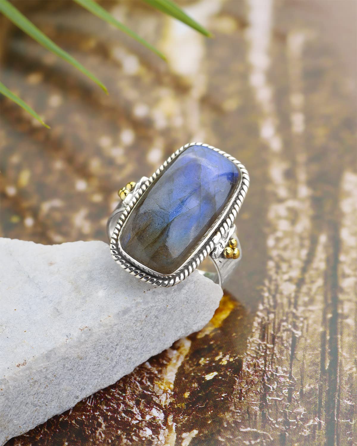YoTreasure Labradorite Solid 925 Sterling Silver Brass Accents Ring Jewelry