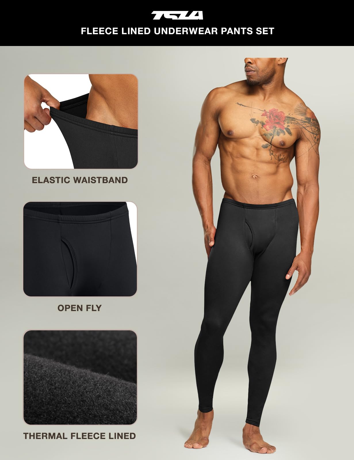 TSLA Men's Thermal Underwear Pants, Heated Warm Fleece Lined Long Johns Leggings, Winter Base Layer Bottoms, Thermal Fly-Front 2pack Black, Large