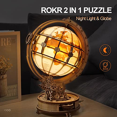 ROKR 3D Wooden Puzzles for Adults, LED Illuminated Globe with Stand, 3D Wooden Globe Model Kits with LED Light, Unique Gift for Birthday/Anniversay