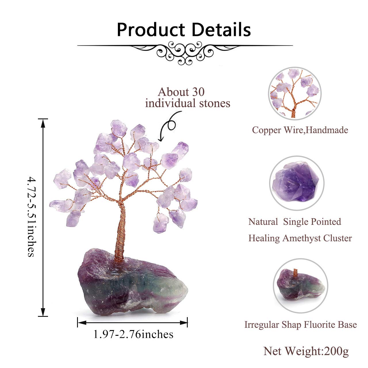 Top Plaza Amethyst Reiki Healing Crystals Copper Money Tree Wrapped On Raw Natural Fluorite Base Crystal Home Office Desk Tree Decor Feng Shui Luck Figurine Statue Mini Sized