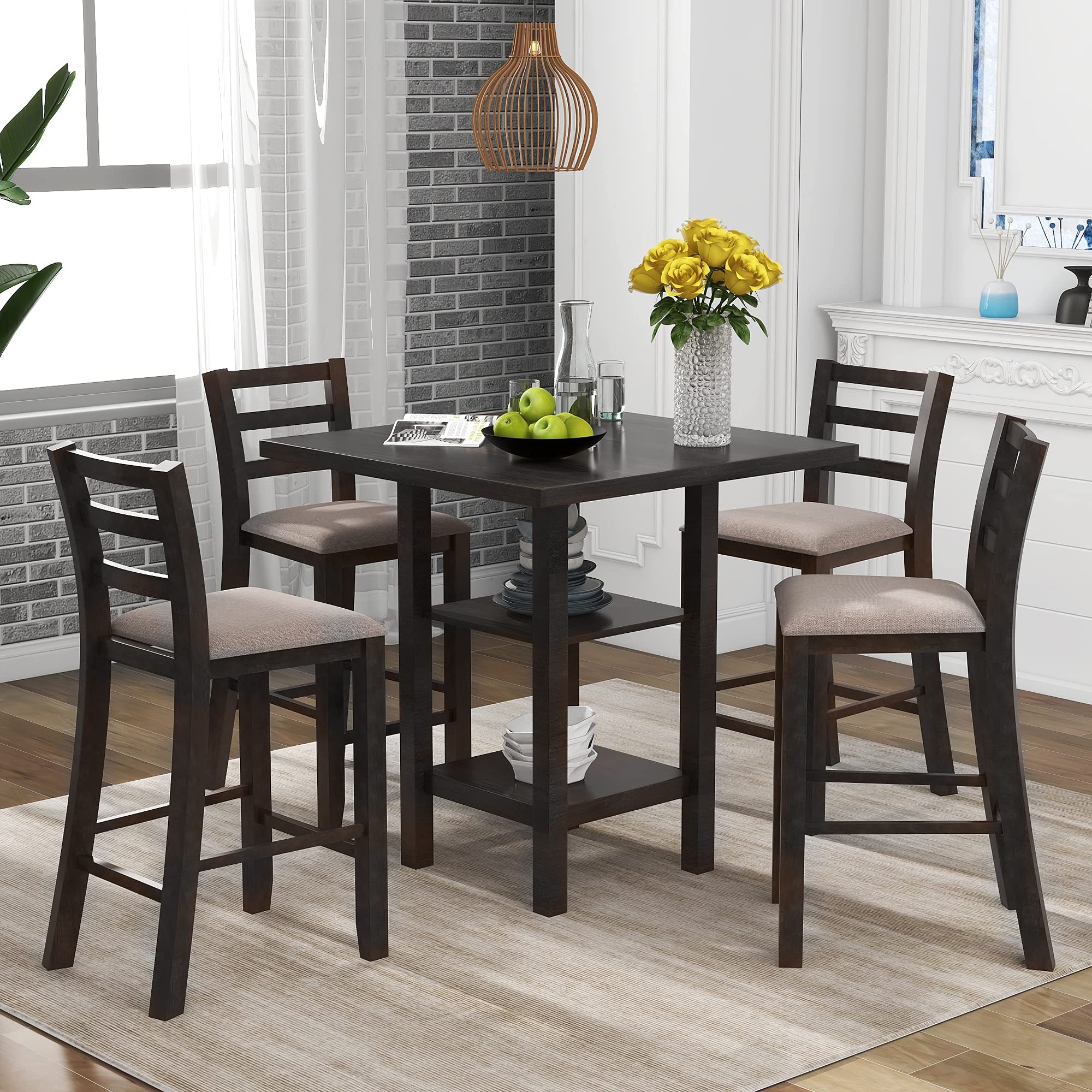 RUNWON Farmhouse 6-Pieces 5 Dining Set for 6 with Rectangular Wood Table and 4 Chairs 1 Bench with Padded Cushion for Kitchen Living Room, OneSize, Grey Beige