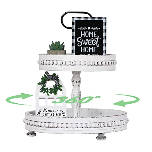 Tiered Tray Decor,Lazy SusanTurntable Organizer, Decorative Trays Farmhouse Two Rotating Tiered Tray Brown/White Tiered Serving Tray Wood Tray (Brown) (White)