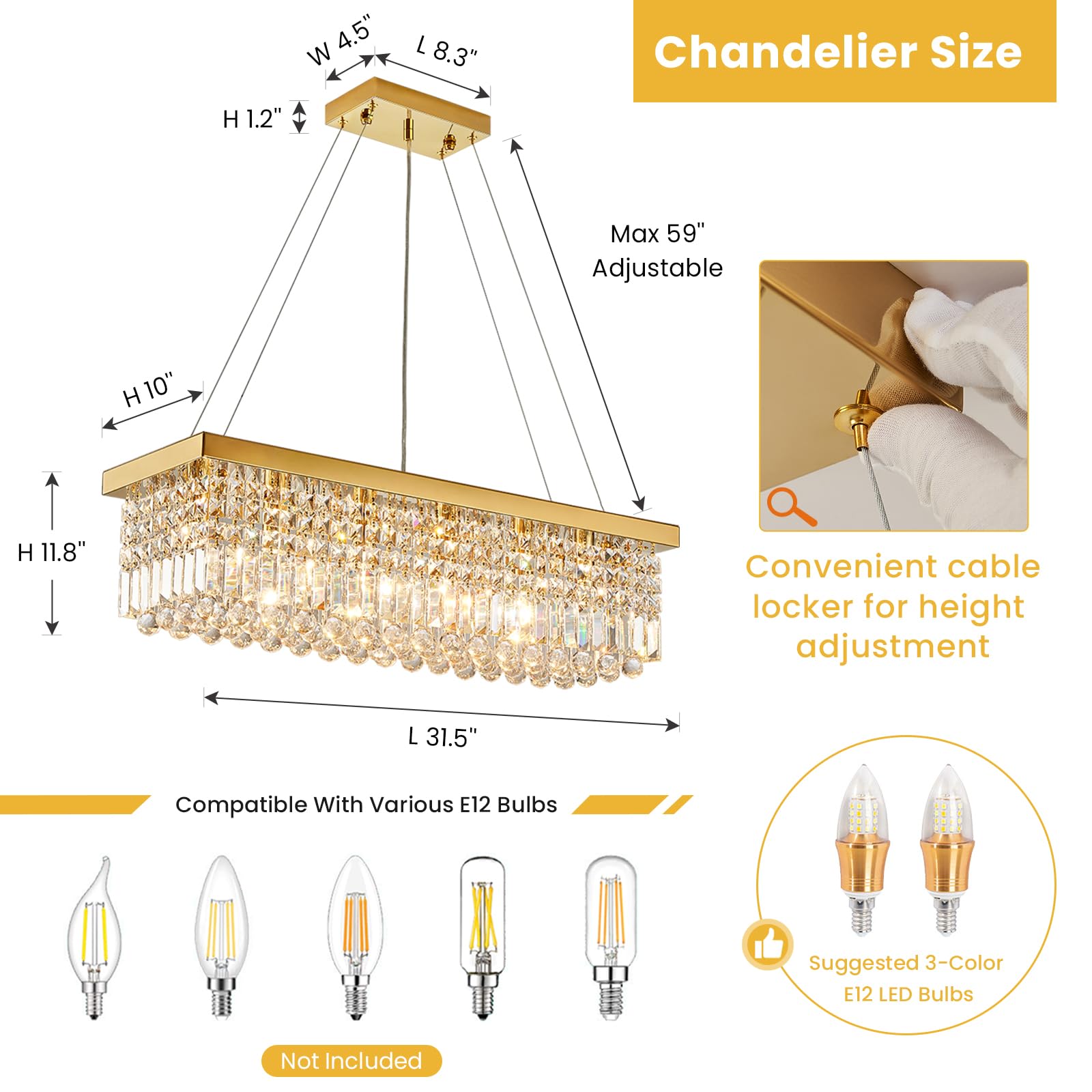 Siljoy 6-Light Modern Crystal Chandelier Rectangular Gold K9 Crystal Raindrop Chandelier for Dining Room, Luxury Adjustable Ceiling Pendant Light for Living Room Kitchen Island L31.5'' x W10'' x H10''