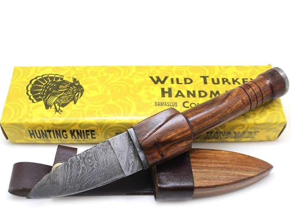 Wild Turkey Handmade Damascus Collection Sgian Dubh Durable Fixed Blade Hunting Knife - Genuine Leather Sheath Included (1171)