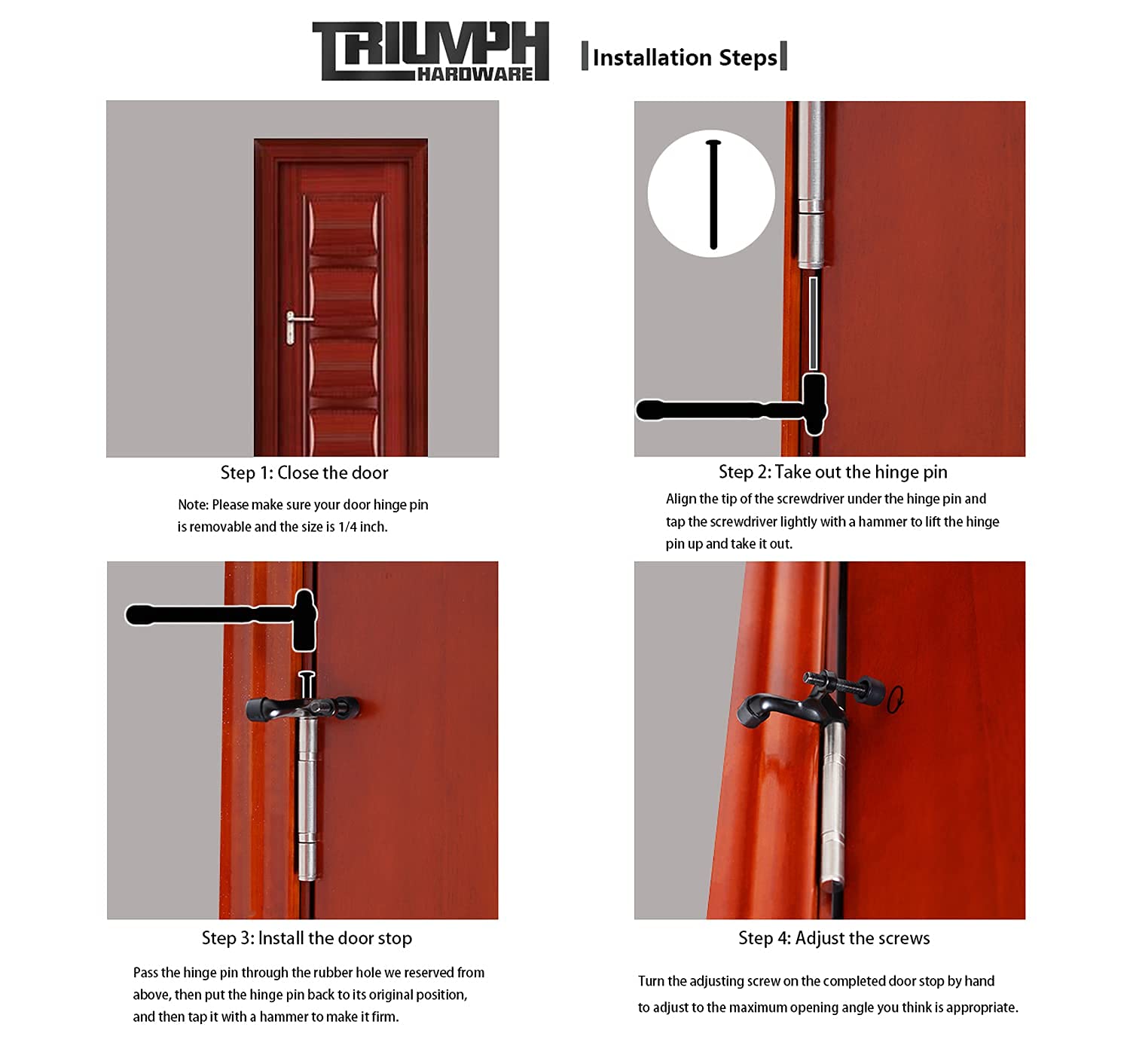 Triumph Hardware 2 Pack Hinge Pin Door Stopper,Adjustable Heavy Duty Door Stopper 2-3/8"x15/16”,Brushed Satin Nickel,with Black Rubber Bumper Tips