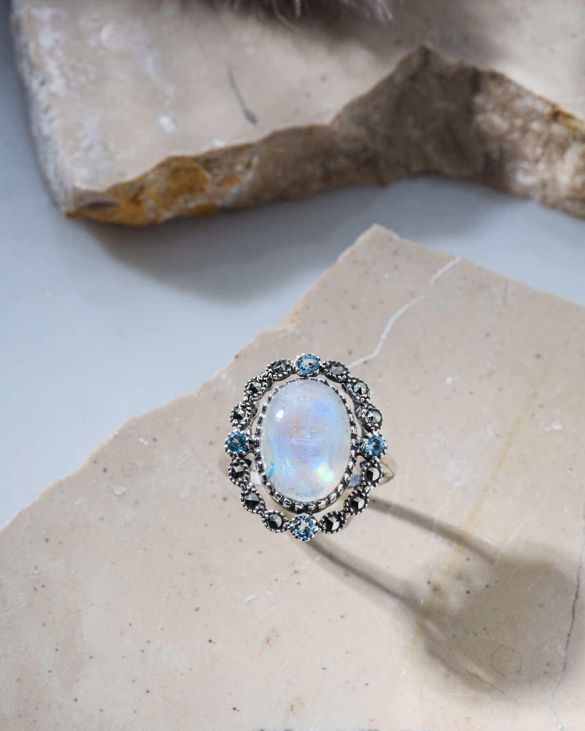 YoTreasure Moonstone Swiss Blue Topaz Marcasite 925 Sterling Silver Bold Ring Jewelry