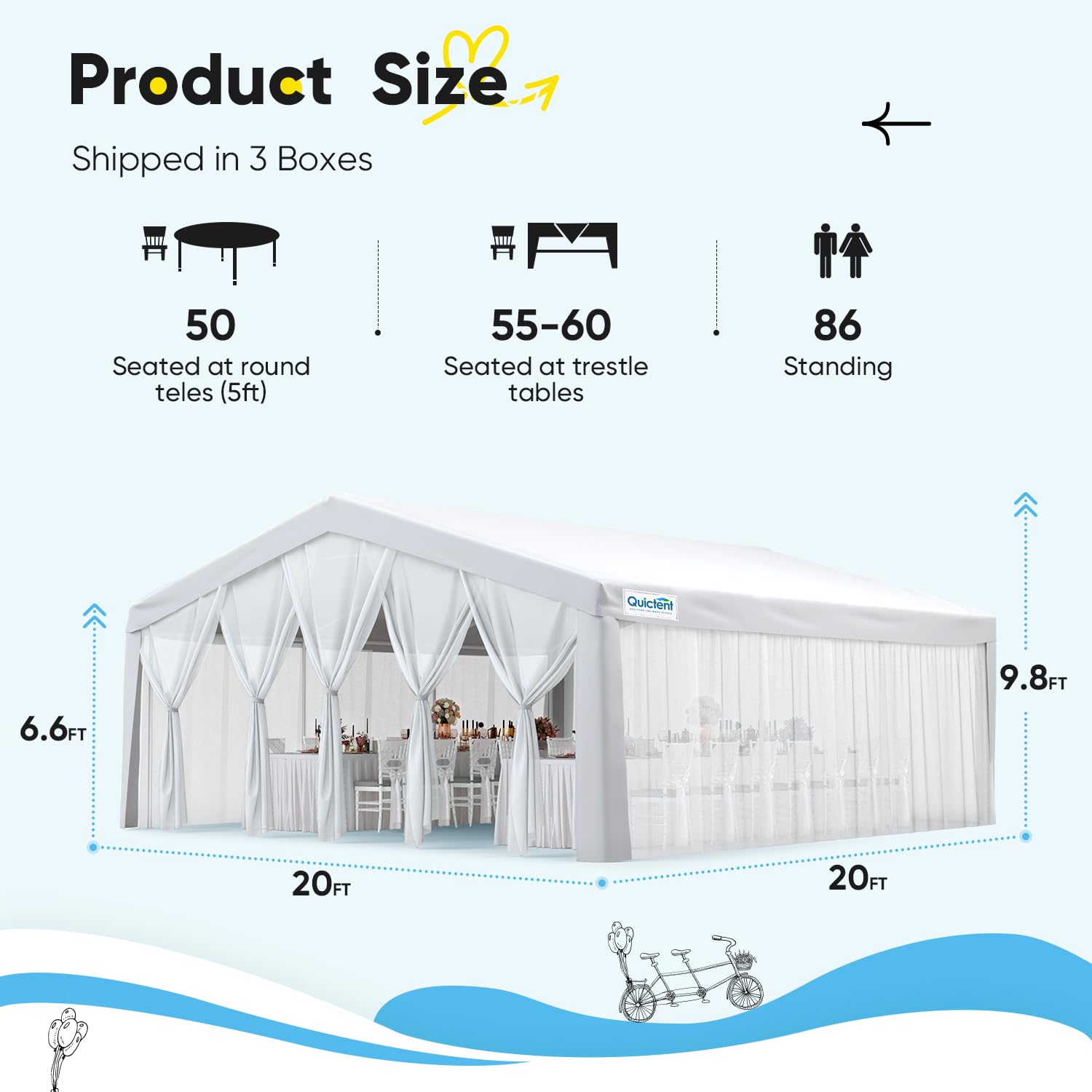 Quictent 20x20 Party Tent White Draping Mesh Side Chiffon Wedding Tent Canopy Outdoor Screen Heavy Duty Upgrade Event Shelter with Netting Gazebo All Classic Style Washable Sides