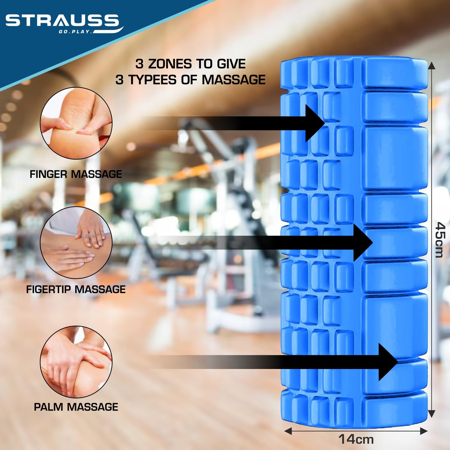 STRAUSS Deep Tissue Massage Foam Roller, 45 cm, (Blue)